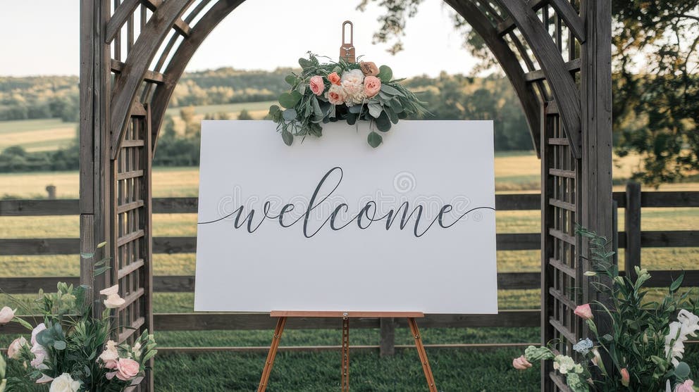 Rustic Wedding Arch with Welcome Sign in Field Stock Illustration ...