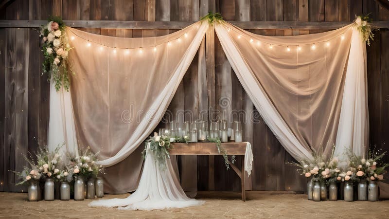 Rustic Wedding Backdrop Set Against a Vintage Barn, Creating a Charming ...