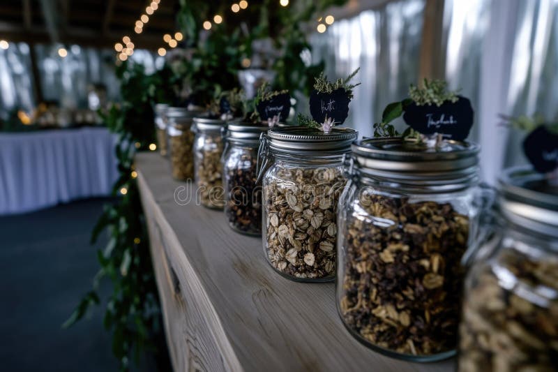 Rustic Wedding Buffet Display with Glass Jars of Grains and Spices ...