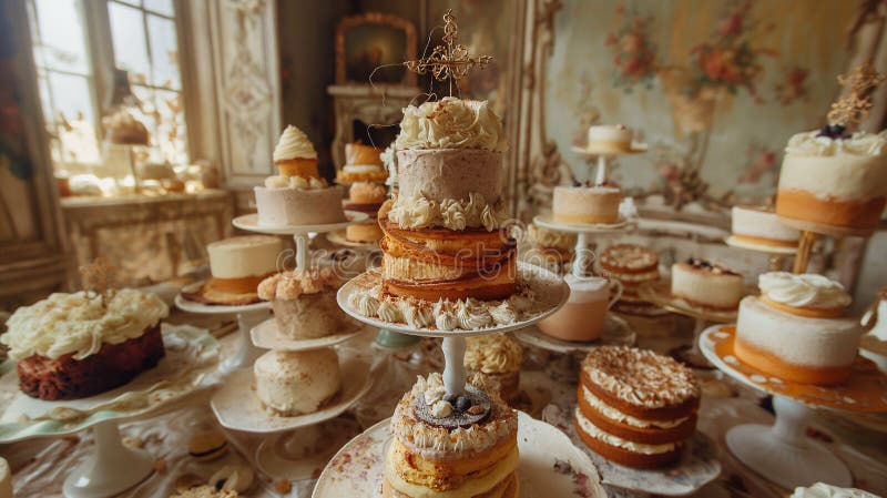 A Rustic Wedding Cake Display in a Vintage Setting Stock Illustration ...