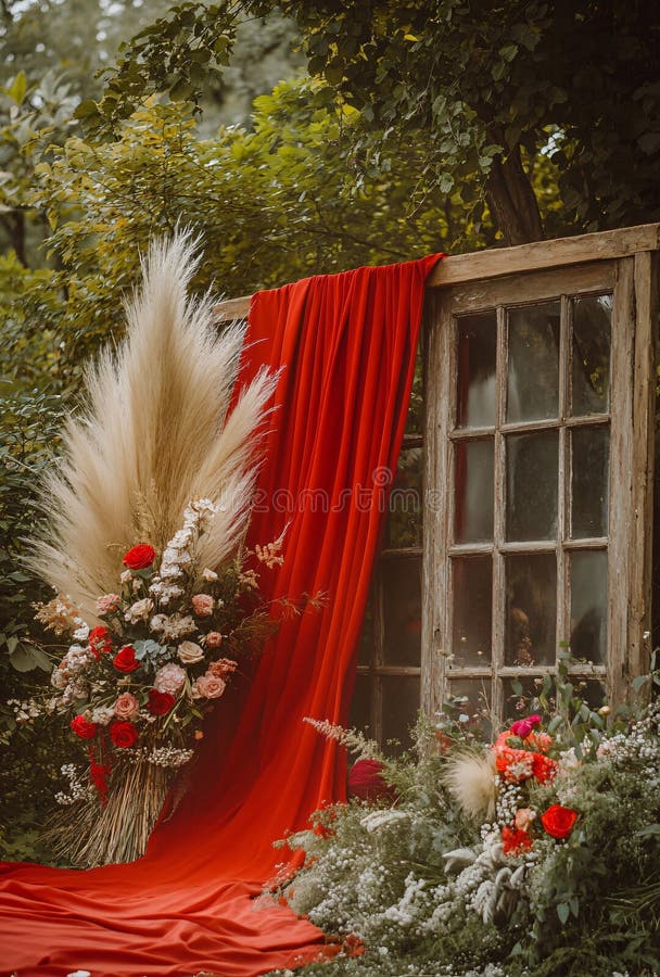 Rustic Wedding Ceremony Decor with Red Fabric Stock Illustration ...