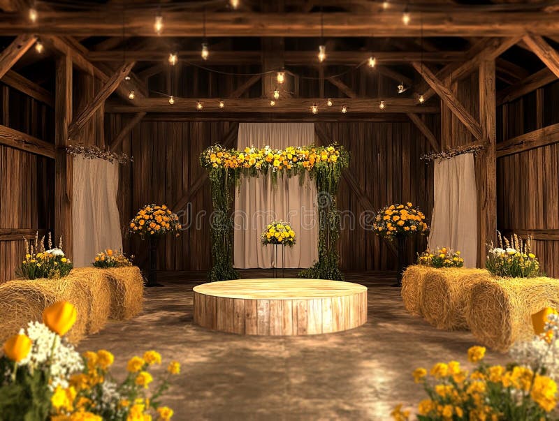 A Rustic Wedding Ceremony Setup, Featuring a Straw-bale Floor, Floral ...
