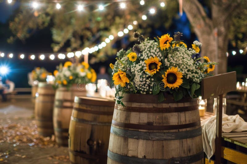 Rustic Wedding Decor with Sunflowers on Wooden Barrels, String Lights ...