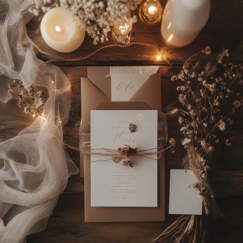 Rustic Wedding Invitation with Dried Flowers and Twine Stock ...