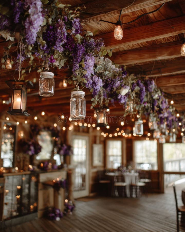 Rustic Wedding Reception Decor with Hanging Purple Lilac Flowers and String Lights Stock ...