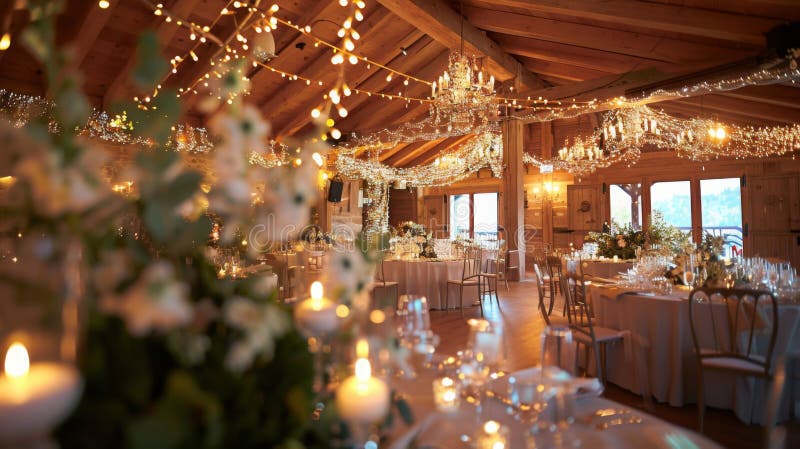 Rustic Wedding Reception Decor with String Lights Stock Image - Image ...