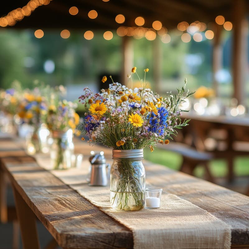 Rustic Wedding Table Decor with Wildflowers in Mason Jar Stock ...