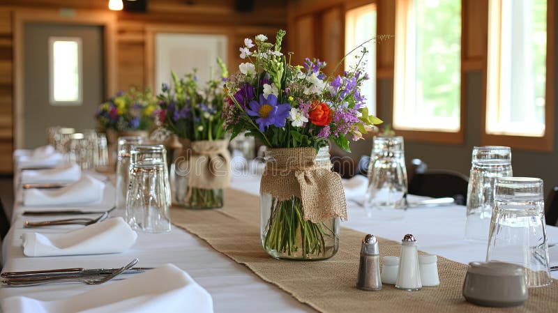 A Rustic Wedding Table Setting with Mason Jars, Burlap, and Wildflower ...