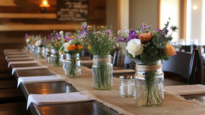 A Rustic Wedding Table Setting with Mason Jars, Burlap, and Wildflower ...