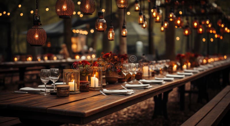 A Rustic Wedding Venue with String Lights Hanging Down Over Tables and ...