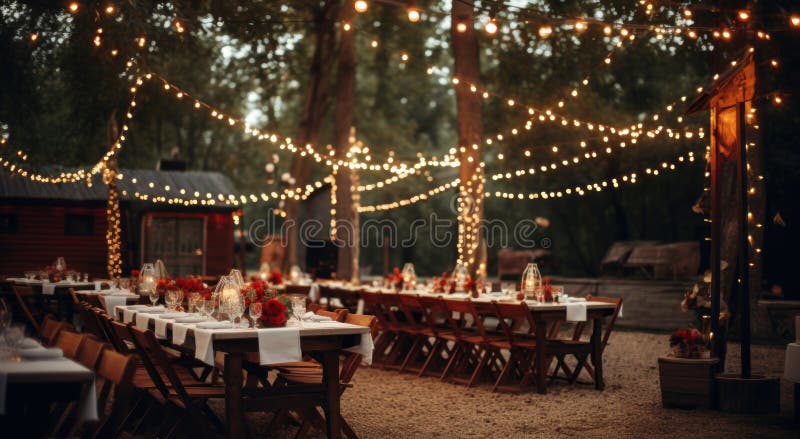 A Rustic Wedding Venue with String Lights Hanging Down Over Tables and ...