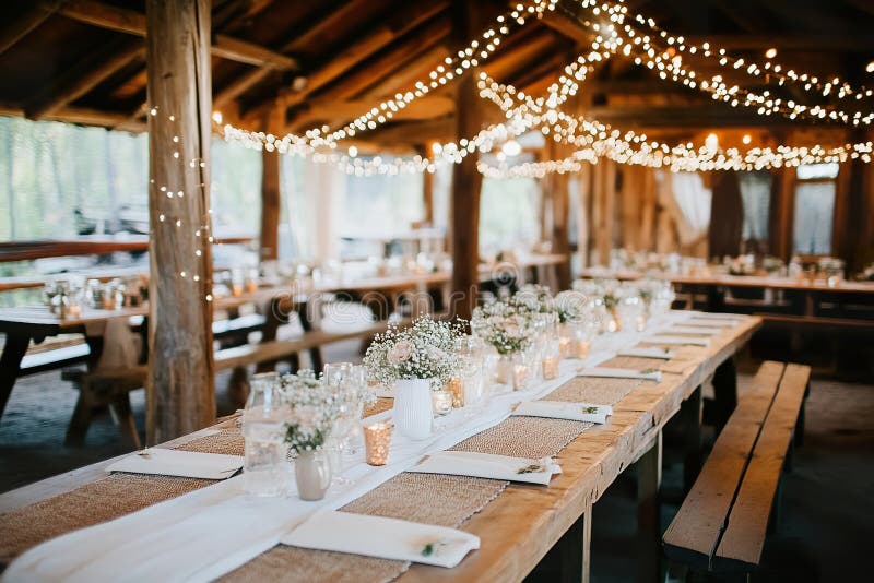 Rustic Wedding Venue with Twinkling Lights and DIY Decor Elements Stock ...