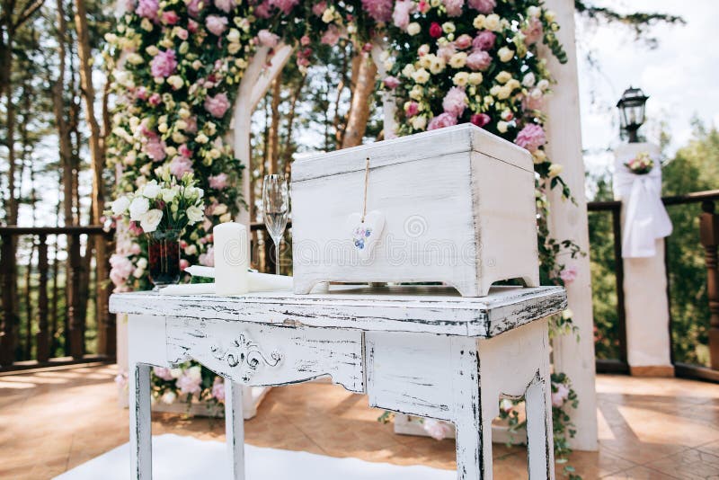 Rustic Wedding Wood Box on Table, Wedding Decoration Stock Image ...