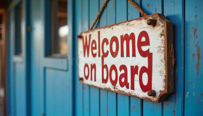 Rustic "Welcome on Board" Sign on Blue Wall, Inviting Maritime Decor ...