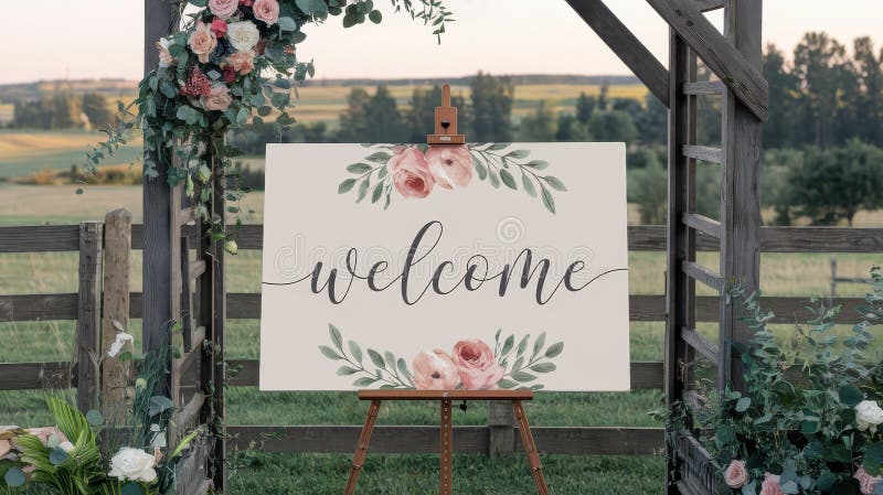 Rustic Welcome Sign with Floral Decor in Garden Setting Stock ...
