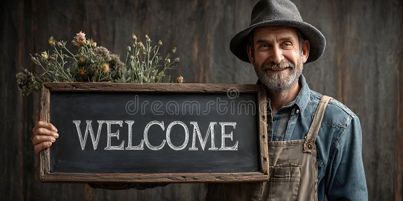 Rustic Welcome Sign Gardener Holding Chalkboard with Welcome Message ...