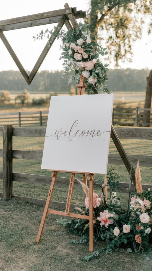 Rustic Welcome Sign at Outdoor Wedding Reception Stock Illustration ...