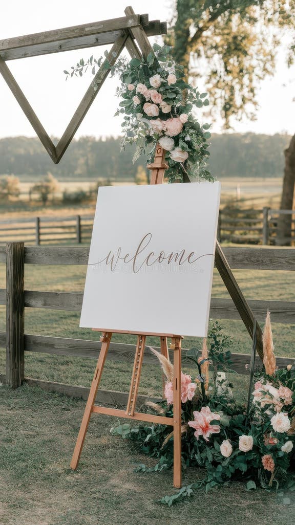 Rustic Welcome Sign at Outdoor Wedding Reception Stock Illustration ...