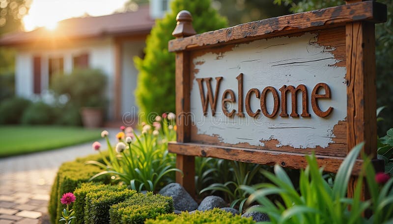 Rustic "Welcome" Sign in Sunlit Garden Pathway, Inviting Home ...
