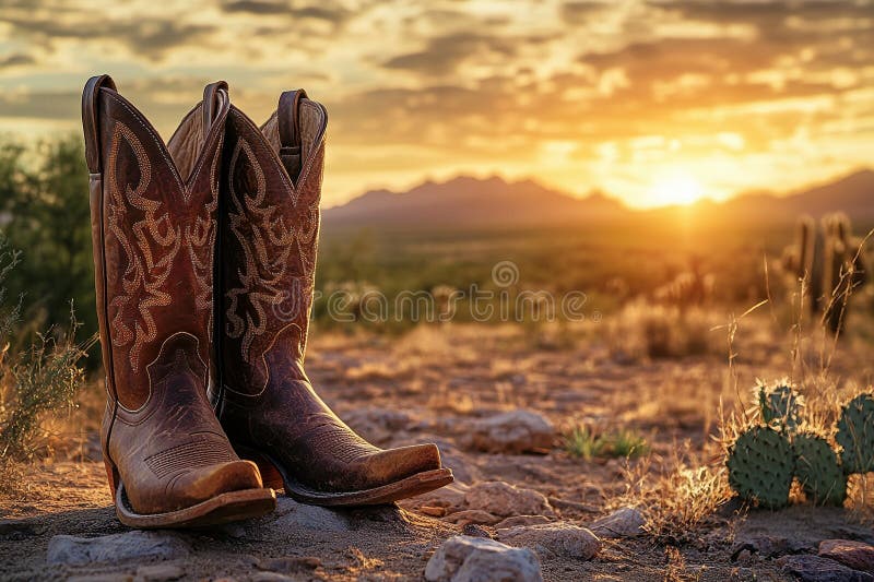 Rustic Western Cowboy Boots at Sunset in Desert Landscape Stock Image ...