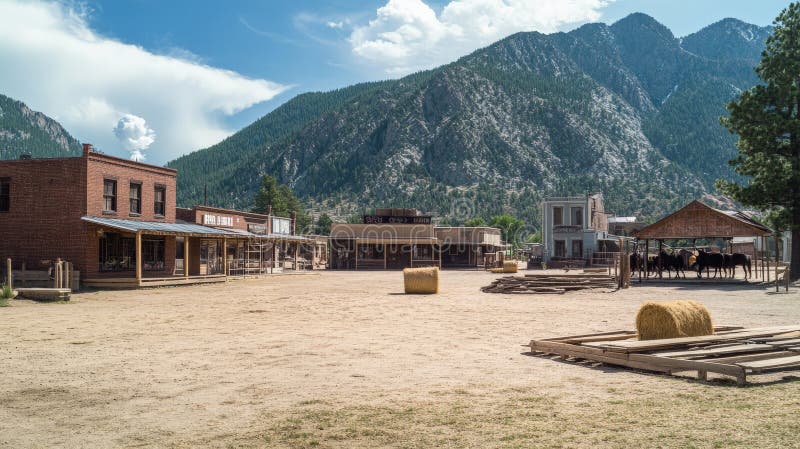 Rustic Western Town with Mountains and Blue Sky Backdrop Stock ...