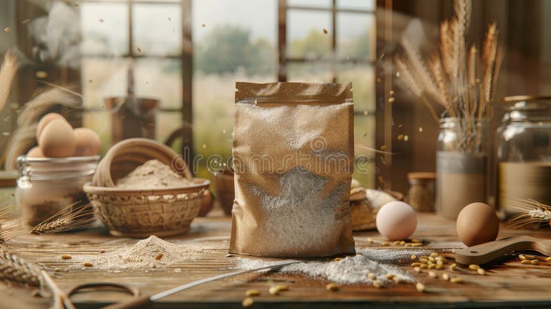 Rustic Wheat Flour Packaging Surrounded by Fresh Ingredients and Baking ...