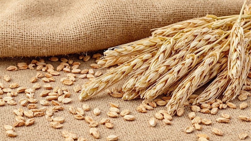 Rustic Wheat Stalks on Burlap Sack Warm Farmhouse Aesthetic Stock ...