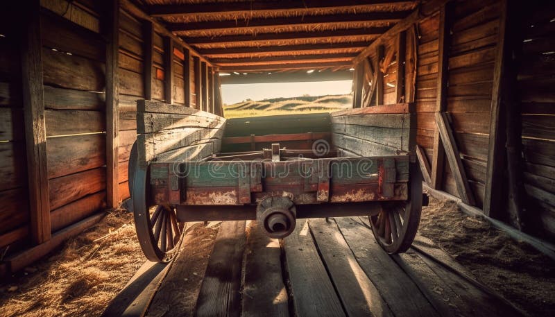 Rustic Wheel Cart on Old Plank Fence in Tranquil Rural Scene Generated ...