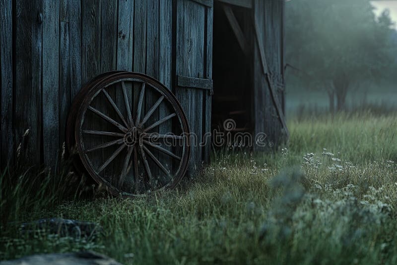 Rustic Wheel Leaning Against Wooden Barn Surrounded Soft Grass Stock ...