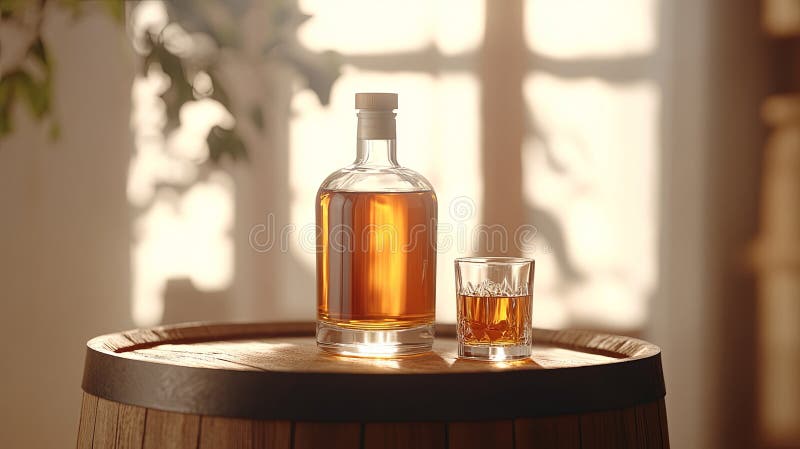Rustic Whiskey Bottle and Glass on Wooden Barrel Stock Image - Image of ...