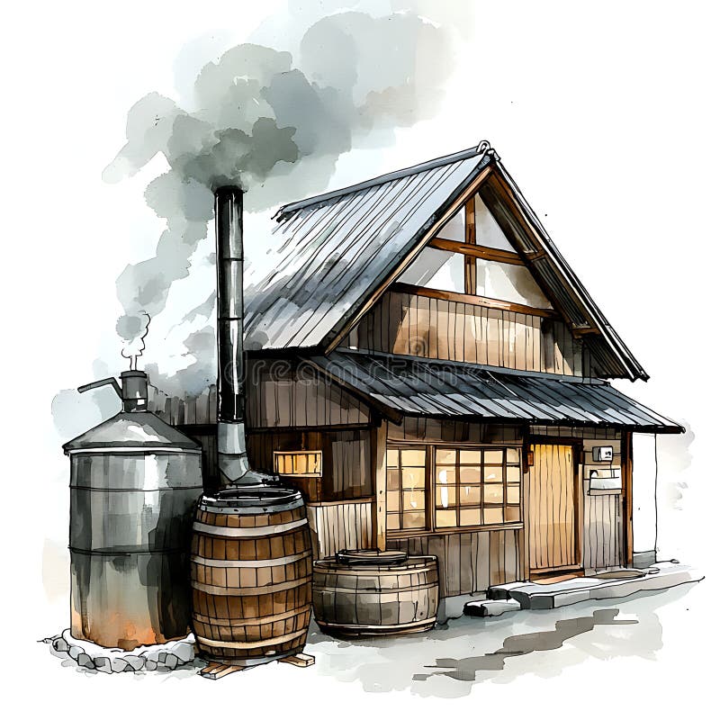 Rustic Whiskey Distillery Building with Barrels and Smoke Stack Stock ...