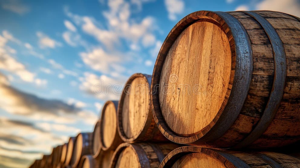 Rustic Whisky Barrels Stacked Under Dramatic Sky for Beverage and ...