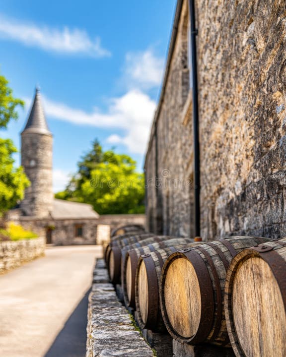 Rustic Whisky Distillery Courtyard with Barrels and Stone Tower in ...