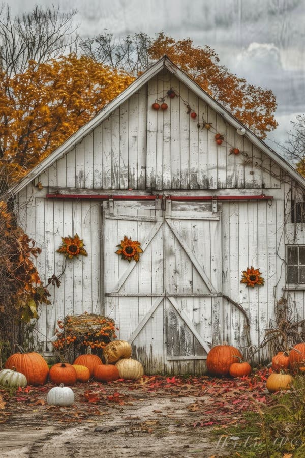 A Rustic White Barn Surrounded by Vibrant Pumpkins and Tall Sunflowers Stock Photo - Image of ...