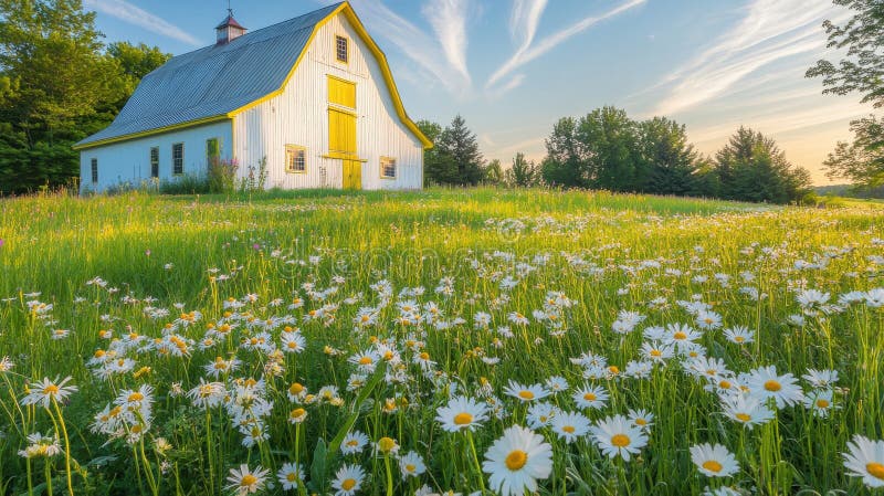 Rustic White Barn with Yellow Doors Surrounded by a Daisy Field at ...