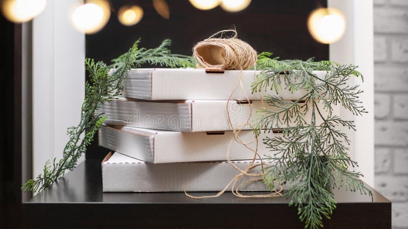 Rustic White Cardboard Pizza Boxes Stack with Twine and Greenery for ...
