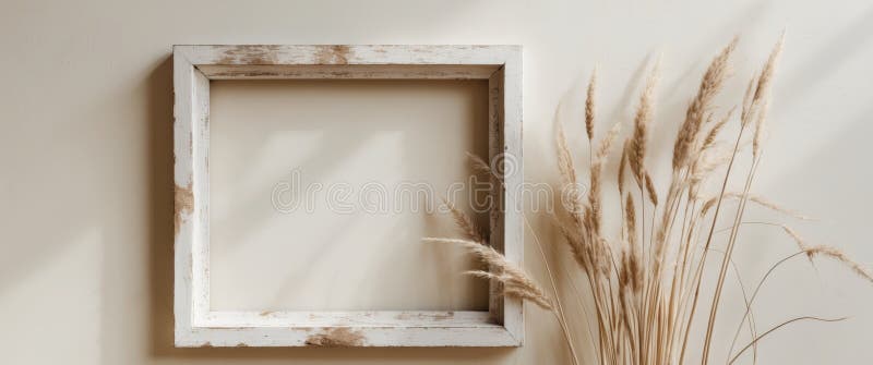 Rustic White Frame Hanging on a Wall Next To Dried Grass Stalks for a Natural Aesthetic Stock ...