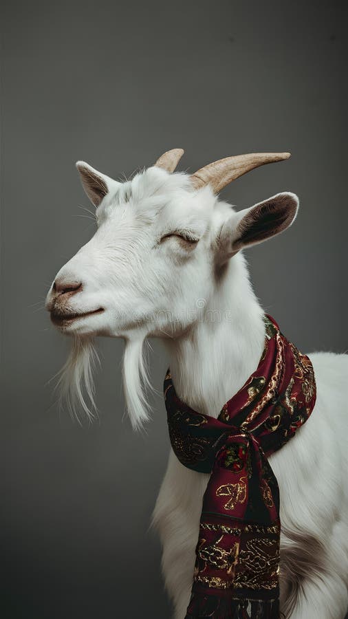 A Rustic White Goat with Curved Horns in a Barn Setting. Stock ...