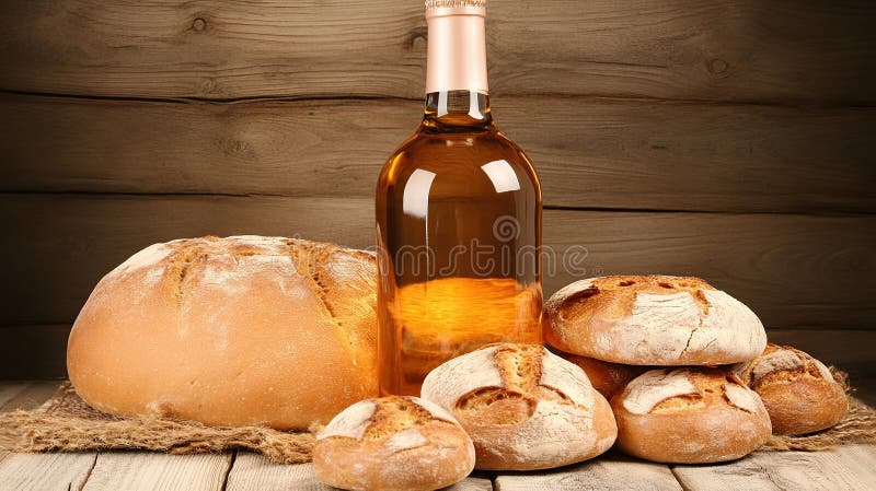 Rustic White Wine Bottle with Loaves on Wood Stock Image - Image of ...