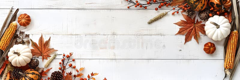 Rustic White Wood Autumn Background with Pumpkins, Leaves and Corn ...