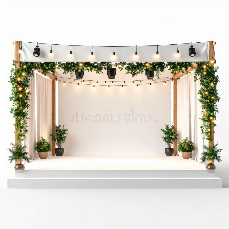 Rustic White Wooden Wedding Stage with Greenery and Lights Stock ...