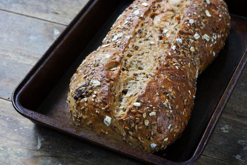 Rustic Whole Grain Bread Loaf in Baking Tray Stock Image - Image of ...