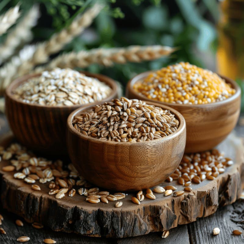 Rustic Whole Grains Display in Wooden Bowls on a Country Table Stock ...