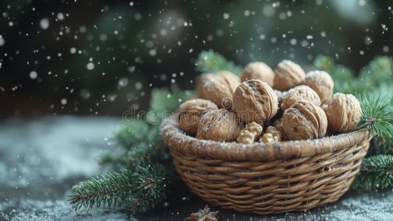 A Rustic Basket Filled with Walnuts Surrounded by Snowfall and ...