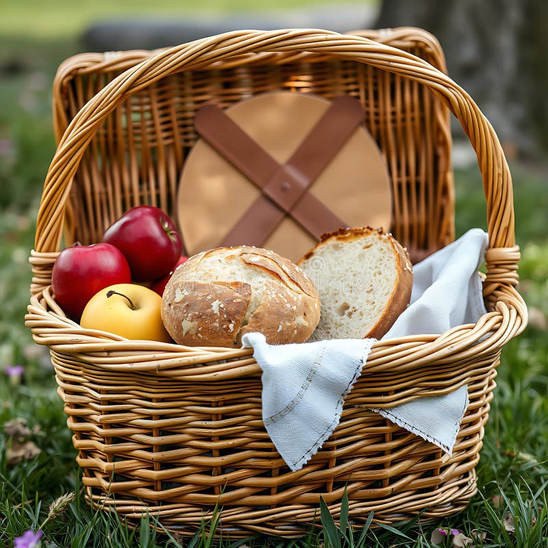 A Rustic Wicker Picnic Basket Filled with Bread and Fruit Stock ...