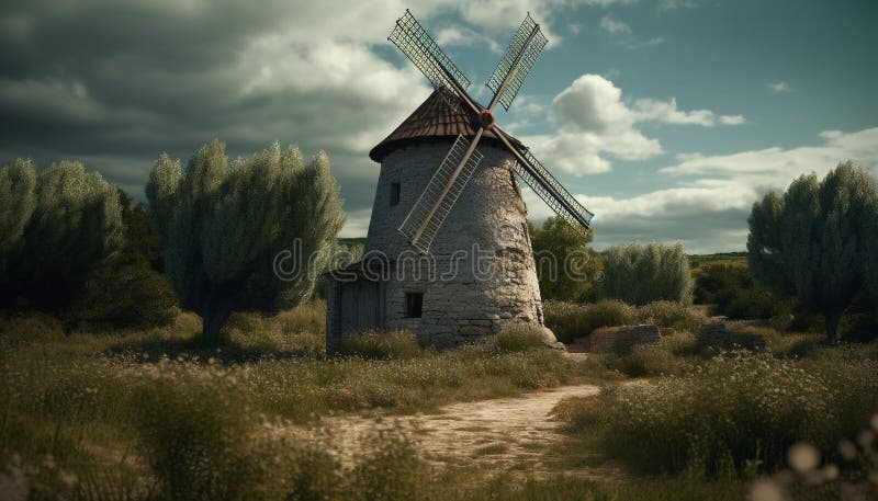 Rustic Windmill and Sailboats Against a Tranquil Coastal Backdrop Stock ...