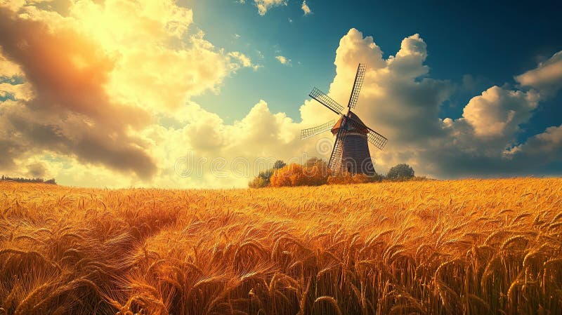 A Rustic Windmill Standing Tall in a Field of Golden Wheat Under a ...