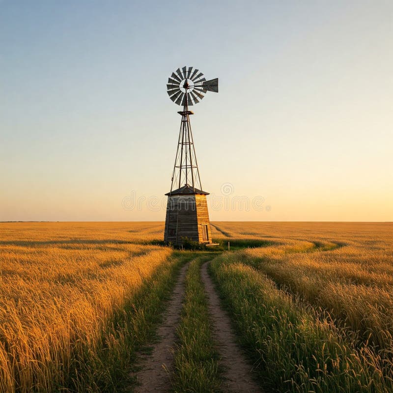 Rustic Windmill Stands in a Golden Field Under a Clear Sky at Sunset ...
