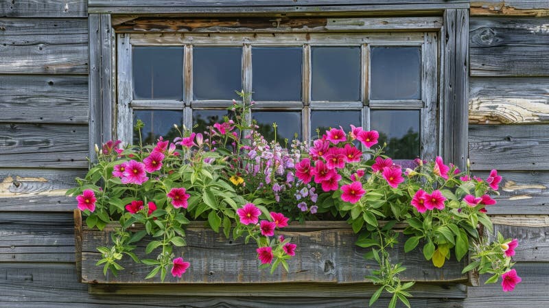 Rustic Window with Blooming Flowers on Wooden Wall Stock Photo - Image ...
