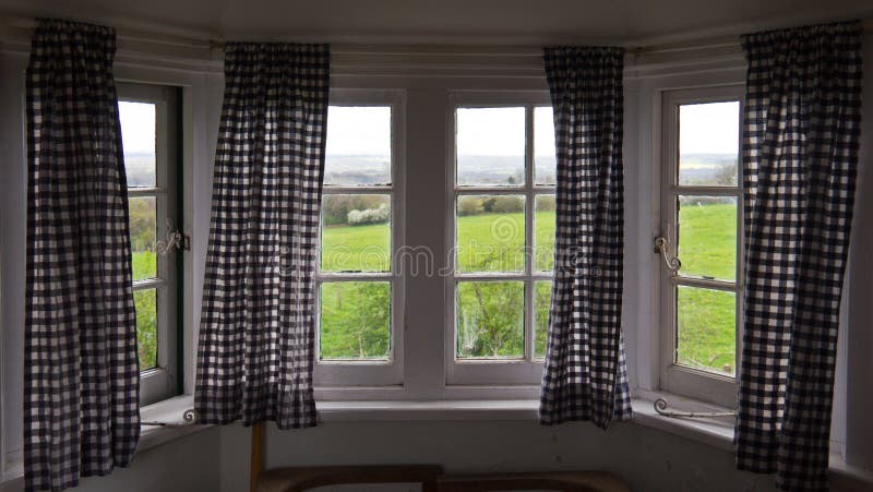 Rustic Window with Curtains with View of Countryside Stock Image ...